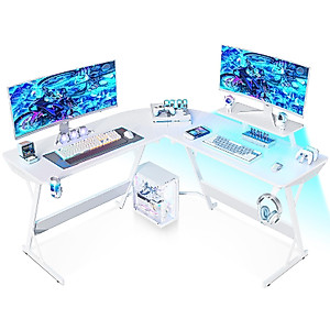 MOTPK White Gaming Desk with LED Lights, Carbon Fiber L Shaped Gaming Desk, Corner Gaming Desk L shape, Gamer Desk Gaming Table with Monitor Stand & Cup Holder & Headphone Hook, 51 Inch, Gift Ideas