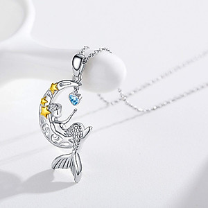 CHENGHONG Mermaid Necklaces 925 Sterling Silver Mermaid Crescent Moon Star Necklace for Women Little Mermaid Sea Jewelry Gifts for Women