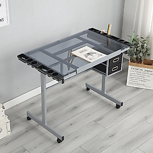 Olela Drafting Desk, Height Adjustable Drafting Table Versatile Art Craft Artists Paintings Storage Work Station with Tilting Temped Glasses Tabletop and Stool (Drawing Table - 3)
