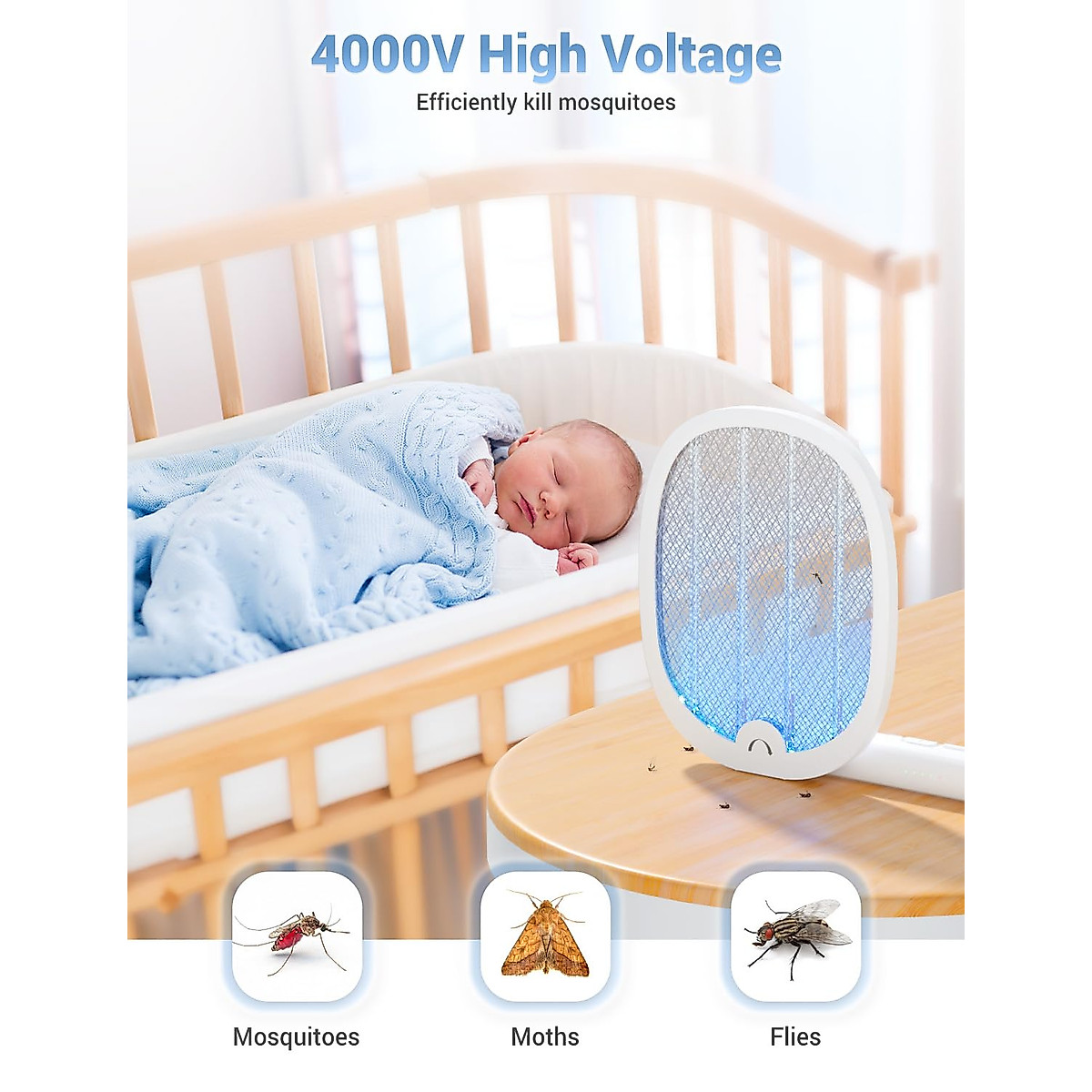 YISSVIC Electric Fly Swatter Foldable Bug Zapper Racket 2 in 1 Mosquito Killer with Purple Attractant Light Rechargeable 1800mAh for Indoor Home Backyard Patio Camping