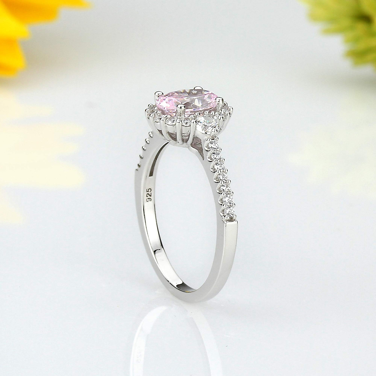 Platinum Plated Sterling Silver Ring 1.2 CT Oval Super Light Pink CZ Stone Halo Ladies Cocktail Ring (Size 5 to 9), 7