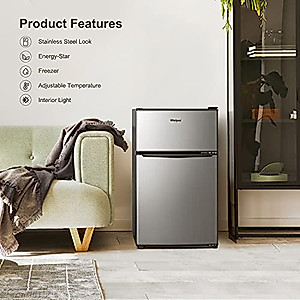 Whirlpool WHR31TS4E 3.1 Cu. Ft. Compact Refrigerator Dual Door Fridge, Adjustable Mechanical Thermostat with True Freezer, Stainless Steel Look