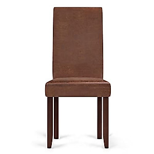 SIMPLIHOME Acadian Parson Dining Chair (Set of 2), Distressed Saddle Brown Faux Leather and SOLID WOOD, Square, Upholstered, For the Dining Room, Transitional Modern