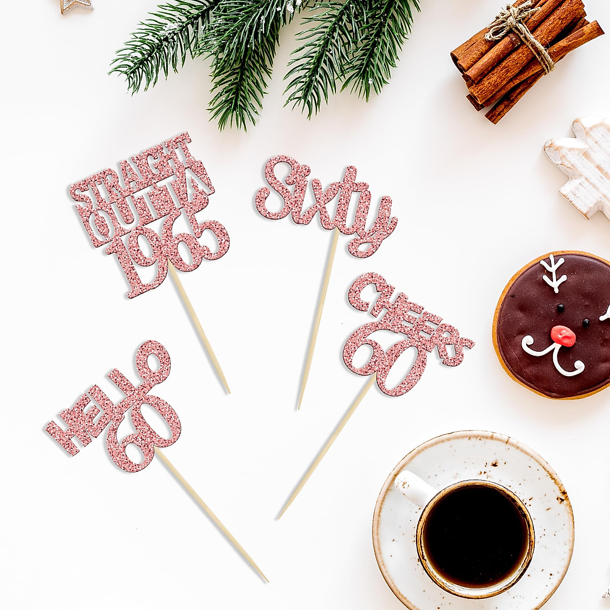 Gyufise 24 Pack Rose Gold 60th Birthday Cupcake Toppers Glitter Sixty Straight Outta 1965 Hello 60 Cupcake Pick Decorations Cheers to 60 Years Birthday Anniversary Cake Decorations Supplies