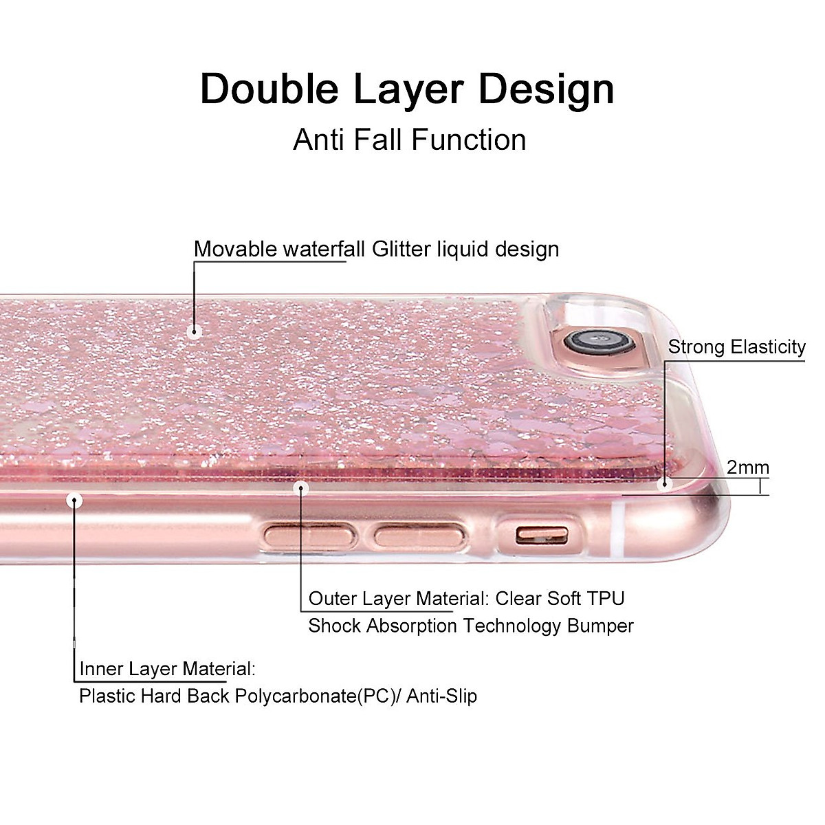 WORLDMOM Compatible with iPhone SE 2022 Case,for iPhone SE 2020 Case,Bling Moving Liquid Floating Sparkle Colorful Glitter Waterfall Clear TPU Protective Case for iPhone 7/8/ se2/ Se3, Rose Gold