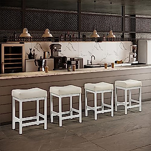 KATDANS Bar Stools Set of 2, 24" Counter Height Saddle Bar Stools, Upholstered PU Leather Bar Stools for Kitchen Island, Mid Century Modern Backless Barstools with Metal Base, KS861P-Cream, 2Pcs