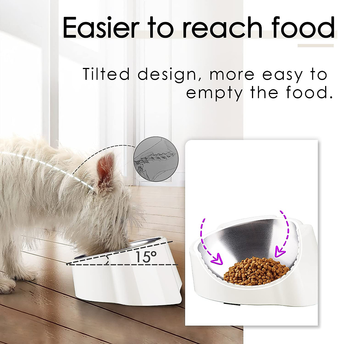 CheerPaws Large Tilted Dog Food Bowl, 15°Slanted Dog Bowl for French Bulldogs No Spill Slanted Dogs Bowl Elevated 1.5 Cup Dog Bowls for Flat Faced Dogs Raised Dog Water Food Bowl Angled Tilted White