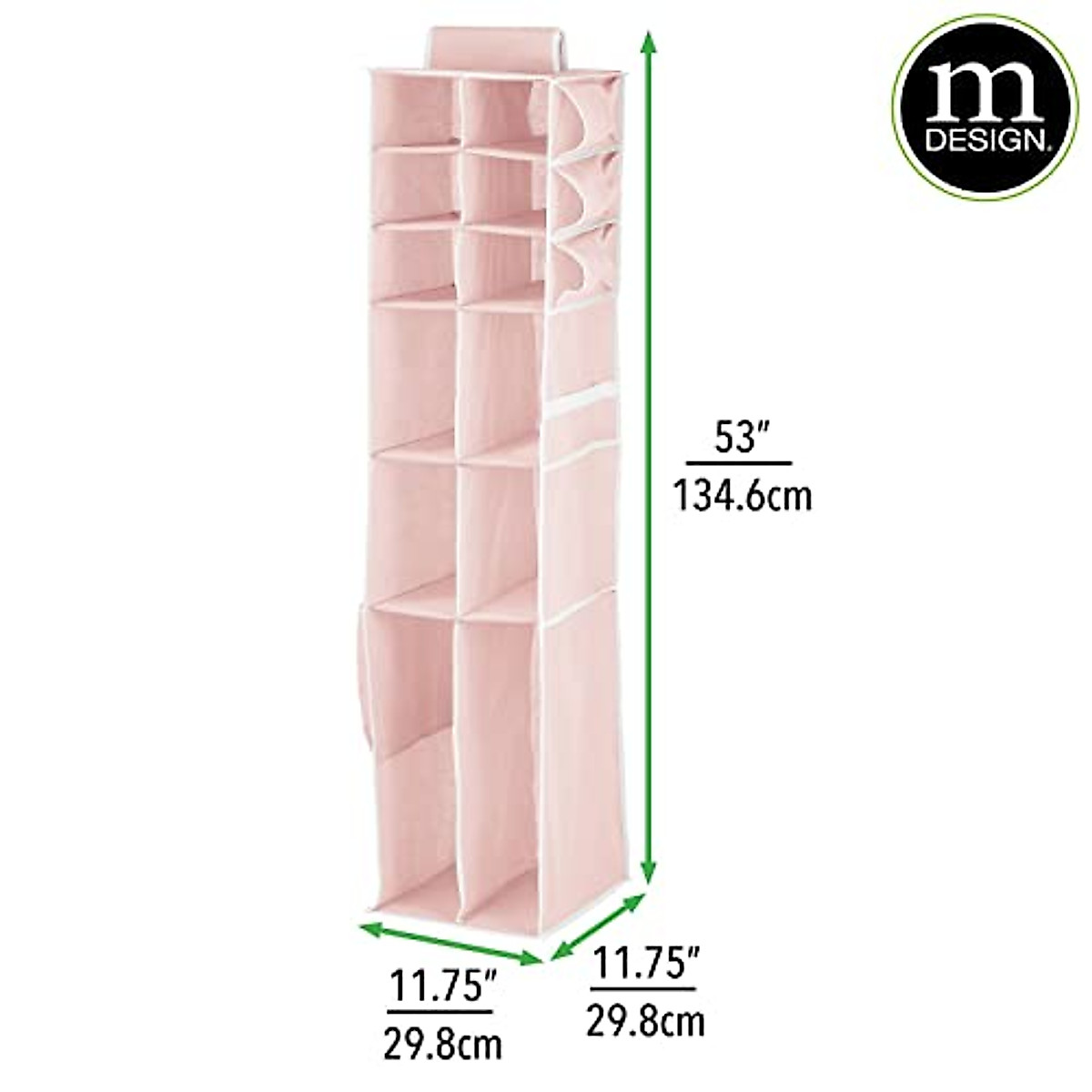 mDesign Long Soft Fabric Over Closet Rod Hanging Storage Organizer with 12 Divided Shelves, Side Pockets for Child/Kids Room or Nursery, Store Diapers, Wipes, Lotions, Toys - Pink/White