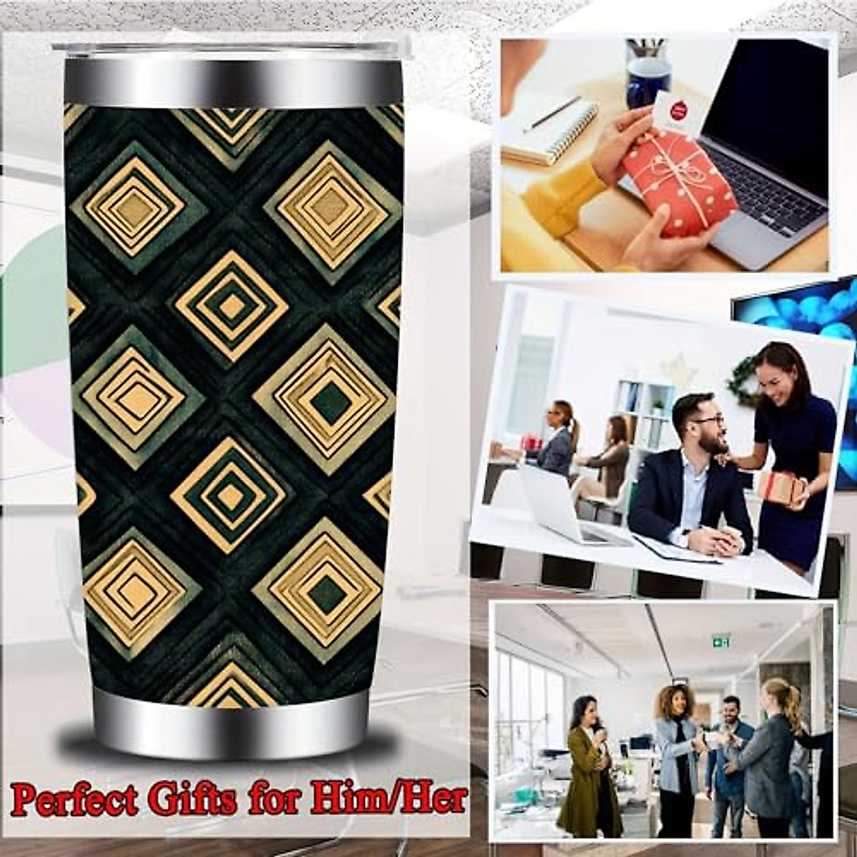 FOCIUZTA Vintage Gold Diamond Pattern Tumbler with lid, Travel Coffee Cup, Ideal for Easter, Gaming Enthusiast, Mother Day, and birthday gifts