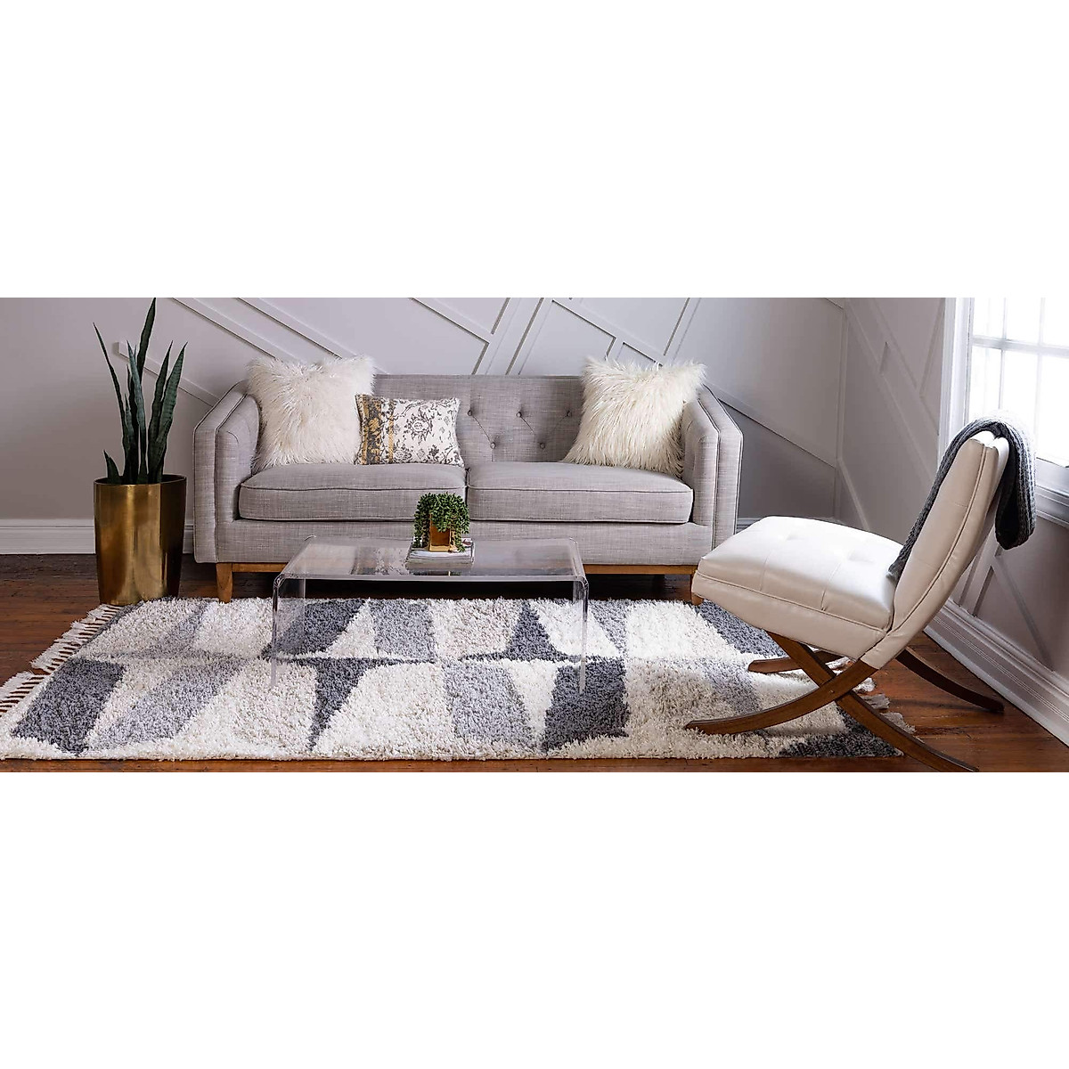 Unique Loom Hygge Shag Collection Modern Moroccan Inspired, Geometric Design, Plush & Cozy Area Rug, Rectangular 9' 0" x 12' 0", Gray/Ivory