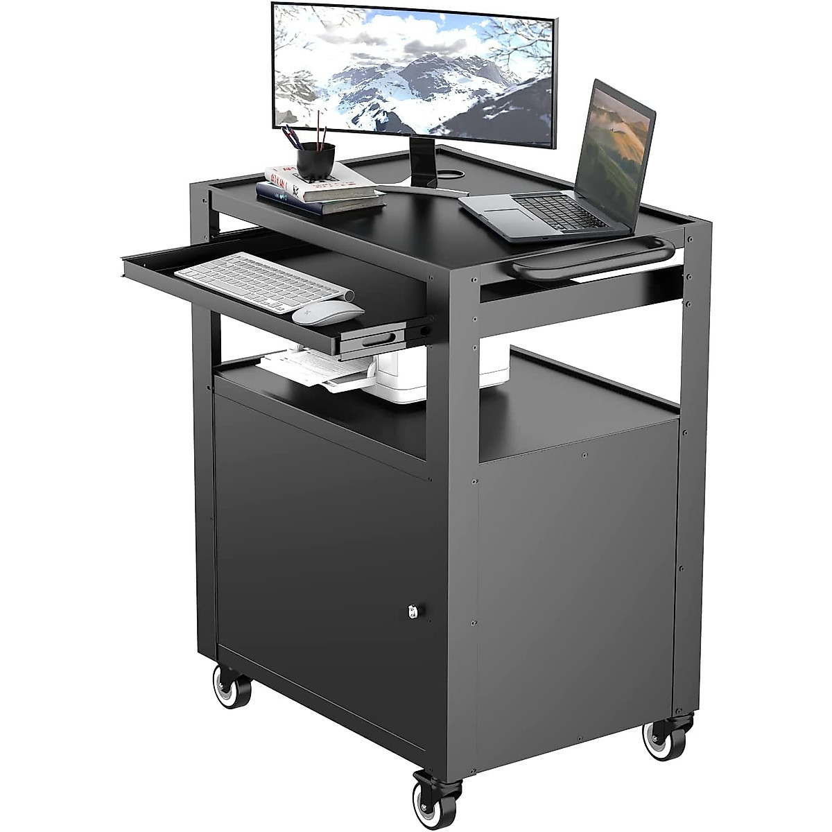Argatin AV Cart with Keyboard Tary and Locking Cabinet Laptop Cart on Wheels Utility Cart and Pullout Tray - Max Capacity 350 lbs(24.8''L x 18.1''W x 39.8''H)