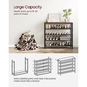 VASAGLE INDESTIC Shoe Rack, Shoe Organizer for Closet with 4 Mesh Shelves and Large Top for Bags, Entryway Hallway Shoe Shelf, Steel Frame, Industrial, Hazelnut Brown and Black ULBS015B03