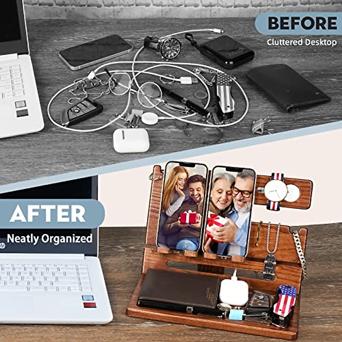 Funistree Gifts for Men Him Husband from Wife, Ash Wood Docking Station, Boyfriend Gifts for Anniversary Birthday, Nightstand Organizer Mens Gifts for Grandpa Dad Uncle Brother Son, Graduation Gifts