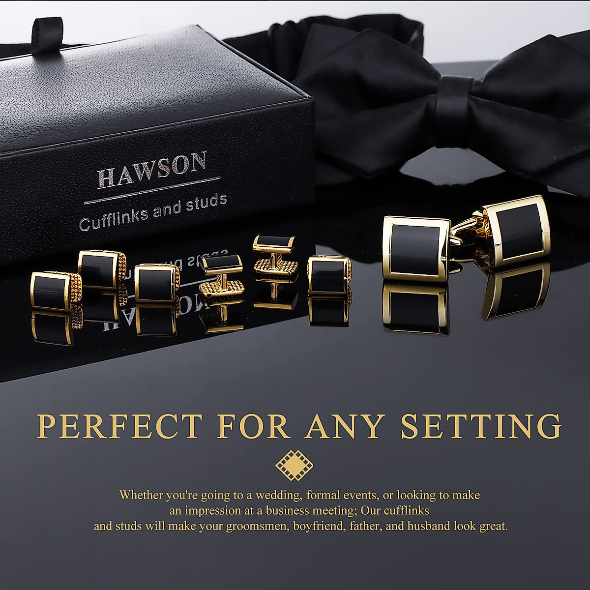 HAWSON Cufflinks and Studs for Men-Mens Fashion Cufflinks and Tuxedo Shirt Studs Set for Regular Wedding Business Accessories (Gold +Black Enamel)