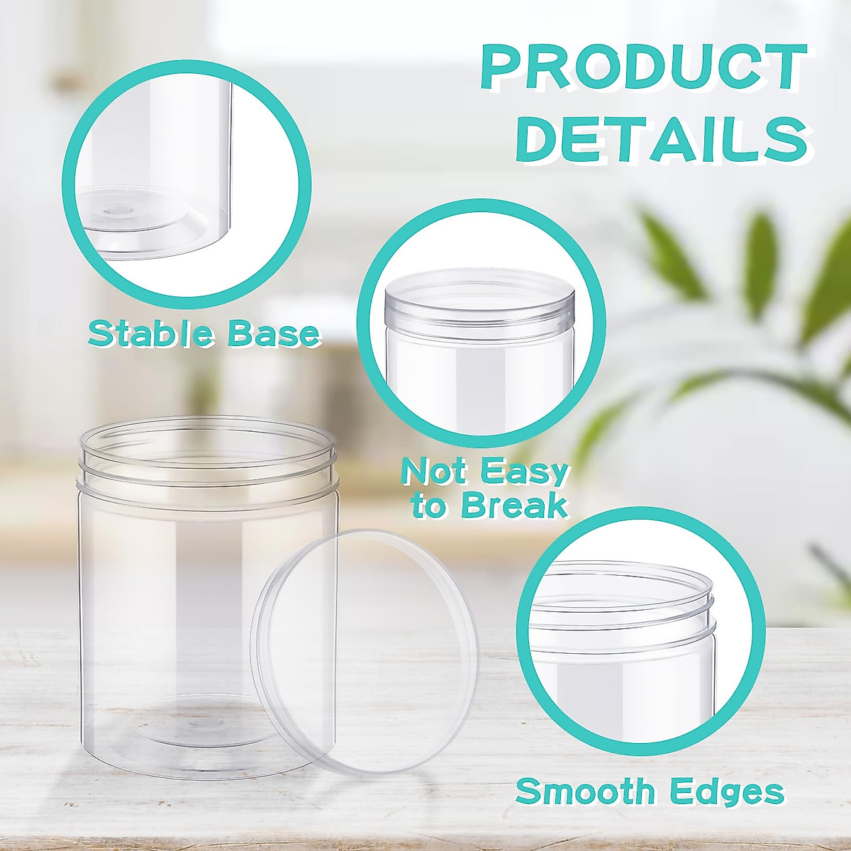 Irenare 24 Pcs 16 oz Clear Plastic Jars with Ribbed Lids Wide Mouth Food Plastic Mason Jars 16 oz Airtight Paint Storage Containers for Dried Fruit, Honey, Nuts, Kitchen Household (Clear Lids)