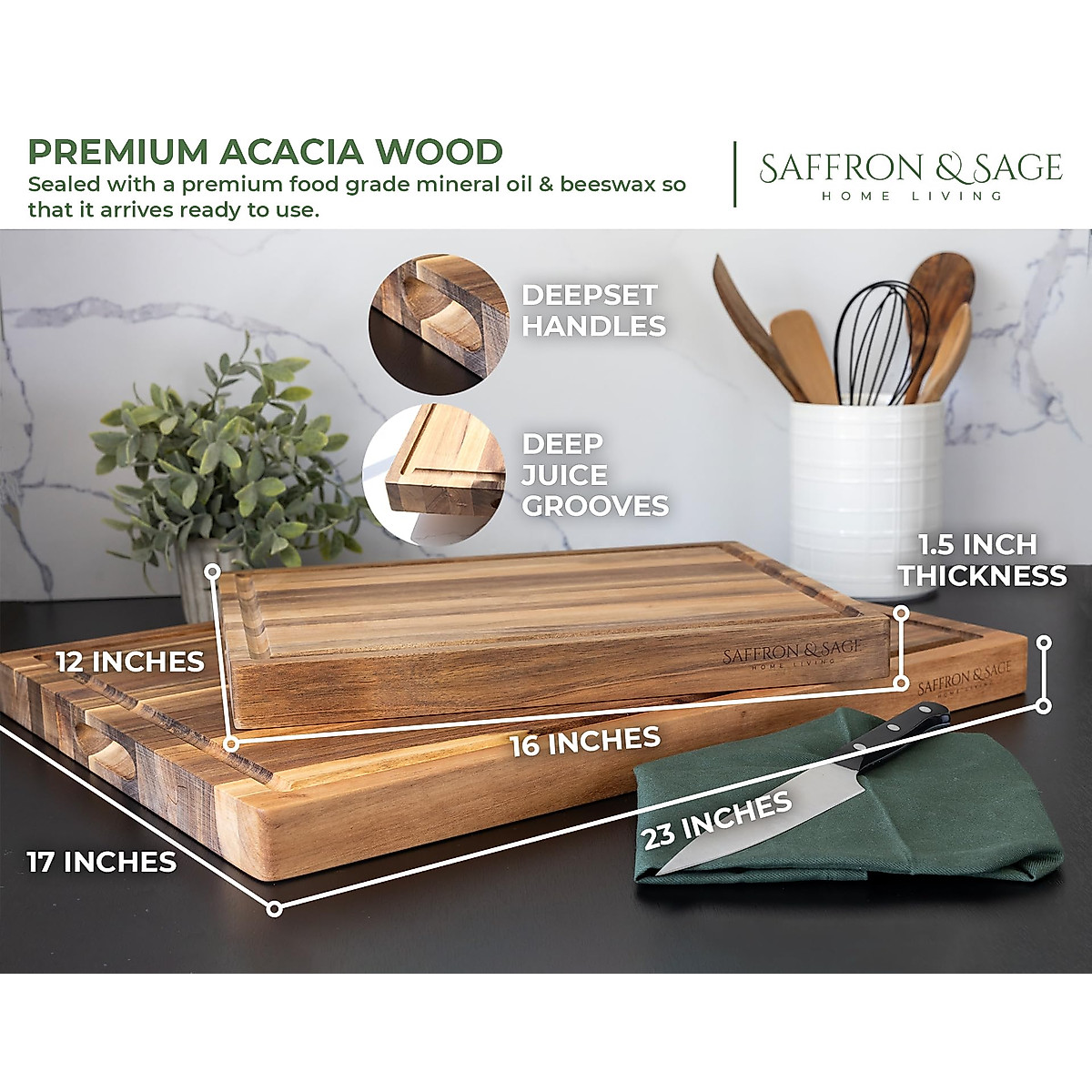 Saffron & Sage Extra Large Wood Cutting Board - Thick 23 x 17 x 1.5 Inch Acacia Wooden Cutting Boards for Kitchen use with Deep Juice Groove, Reversible Chopping Board Doubles as a Charcuterie Board