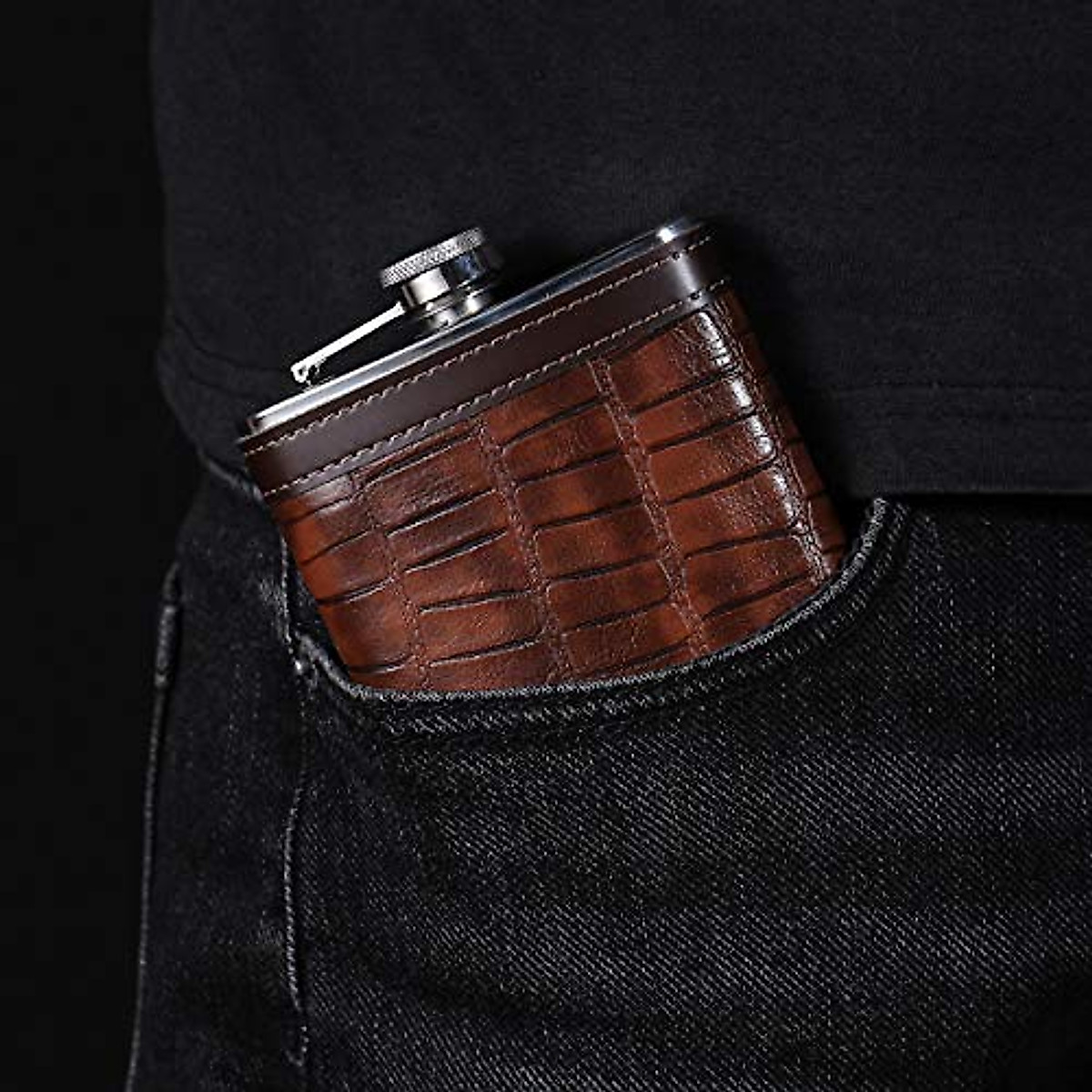 TOX TANEAXON 12 oz Crocodile Leather Pattern Pocket Whiskey Liquor PU Leather Wrapped Flask with Funnel and Premium Box - Stainless steel and Leak Proof
