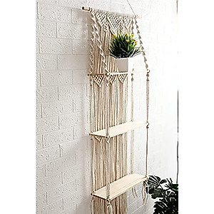 ELASAD Macrame Wall Hanging Plant Shelf, 3-Tier Macrame Shelves Boho Bathroom Shelf, Handmade Boho Floating Shelves for Plants and Decor