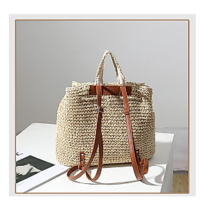 Erichman Women Fashion Straw Handmade Crochet Backpack Flap Drawstring Shoulders Bag Casual Beach Daypack (Brown,One Size)