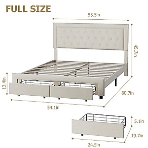 Keyluv Full Bed Frame with 2 Storage Drawers and Adjustable Headboard, High-End Fabric Platform Bed with Button Tufted, Wooden Slats No Box Spring Needed/Easy Assembly, Beige