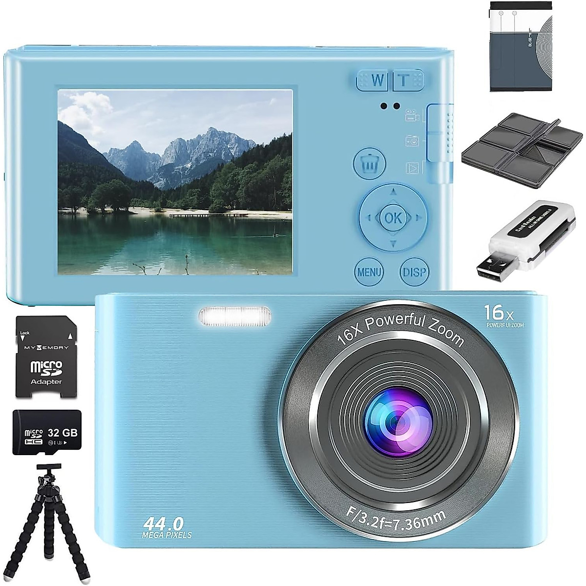 eDealz 44MP Digital Camera Compact Point & Shoot Camera, 16X Zoom, 32GB SD Card, Card Reader 6" Tripod and 6PC Card Holder Kids Camera 2.4" Screen, Vlogging Camera for Teens, Kids, Adults (Blue)