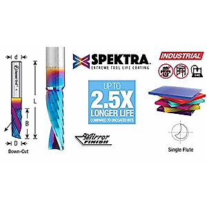Amana Tool 51511-K Spektra Coated SC Spiral O Single Flute Plastic Cutting 1/8 D x 1/2 CH x 1/4 SHK x 2 Inch Long Down-Cut CNC Router Bit with Mirror Finish