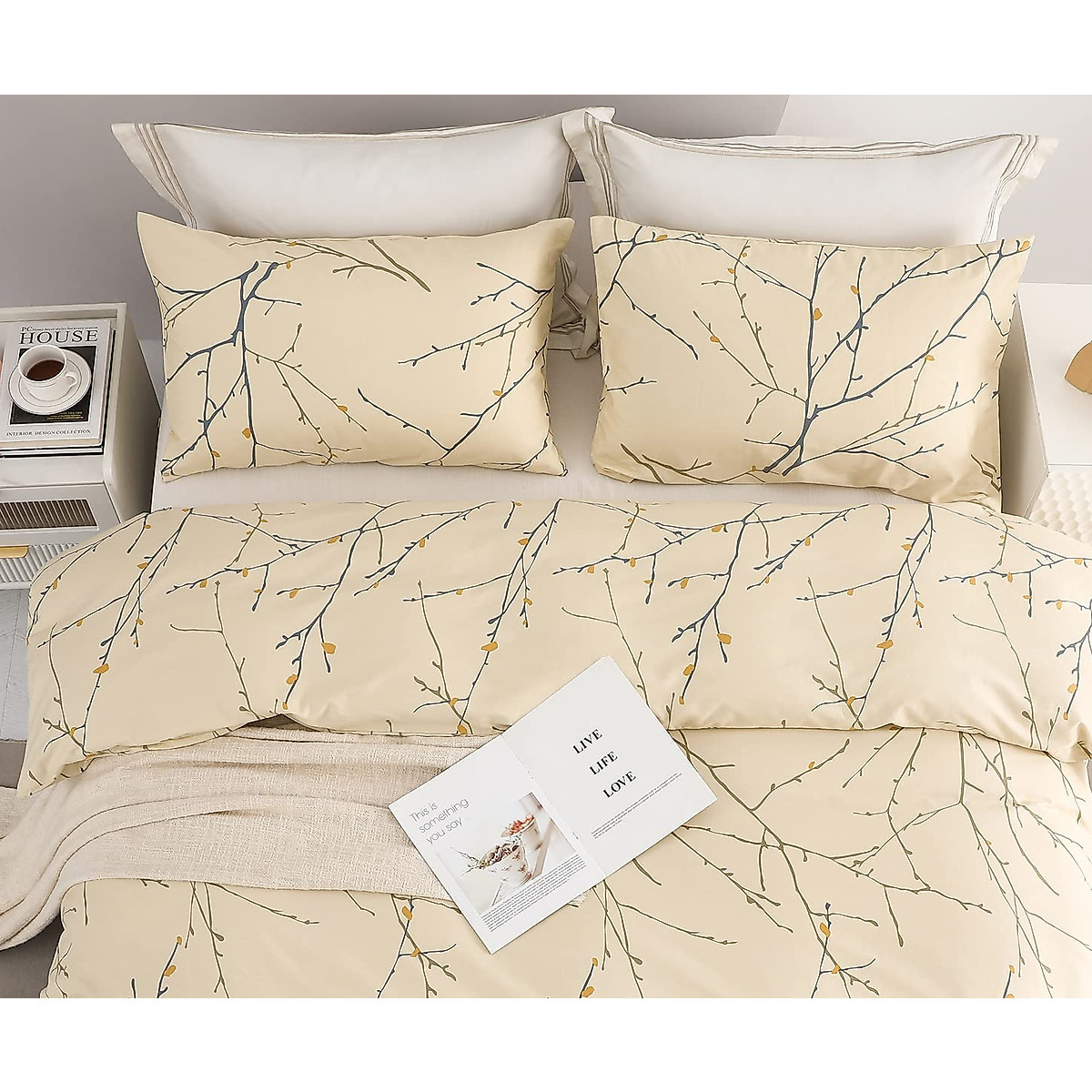SLEEPBELLA Duvet Cover Full, 600 Thread Count Cotton Leaf Botanical Pattern Print Reversible Comforter Cover Set (Full, Teal Blue-Leaf)