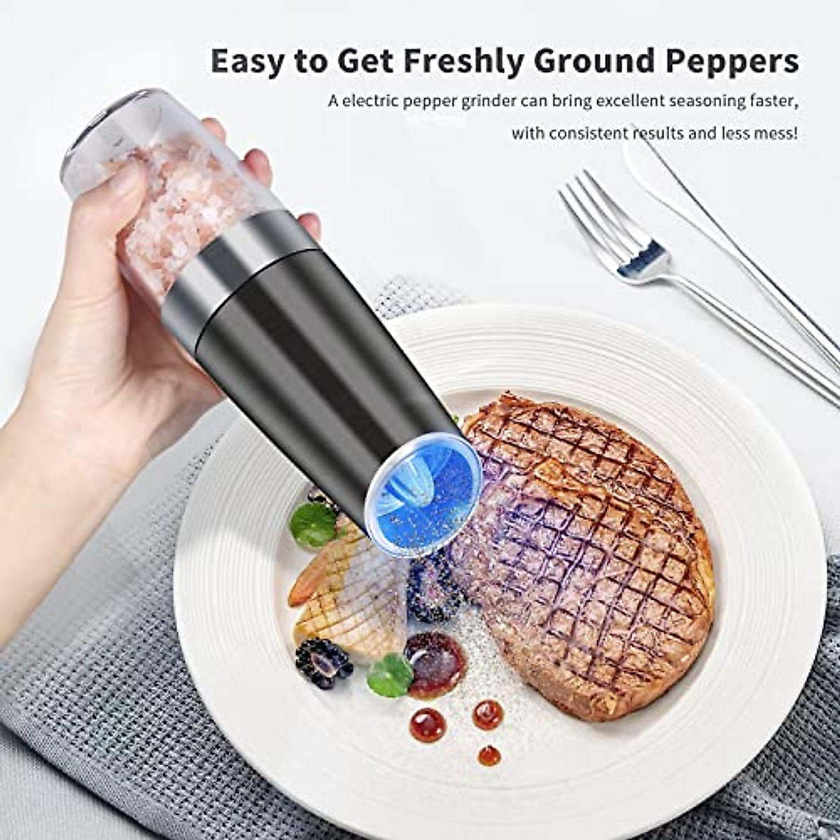 EasyCom Gravity Electric Salt and Pepper Grinder Set, Battery Powered with LED Light, Adjustable Coarseness, One Hand Automatic Pepper Mill Grinder for Kitchen and BBQ, 2 Pack, Black