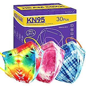 MISSAA KN95 Face Masks for Kids 30 Pcs, 5 Layers Disposable Protective Mask Small Size with Elastic Earloops for Children Boys Girls School Indoor Outdoor Use, Tie-dye