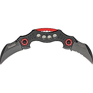 TAC FORCE Spring Assisted Folding Pocket Knife – Dual Black Stainless Steel Hawkbill Blades, Black Aluminum Handle w/ Red Accents and Pocket Clip, Tactical, EDC, Rescue - TF-669BK