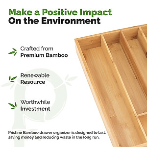 Pristine Bamboo Silverware Organizer– Utensil Organizer for Kitchen Drawers – Small Extra-Deep Wooden Kitchen Drawer Organizer Divider for Spoons Forks Knives cutleries