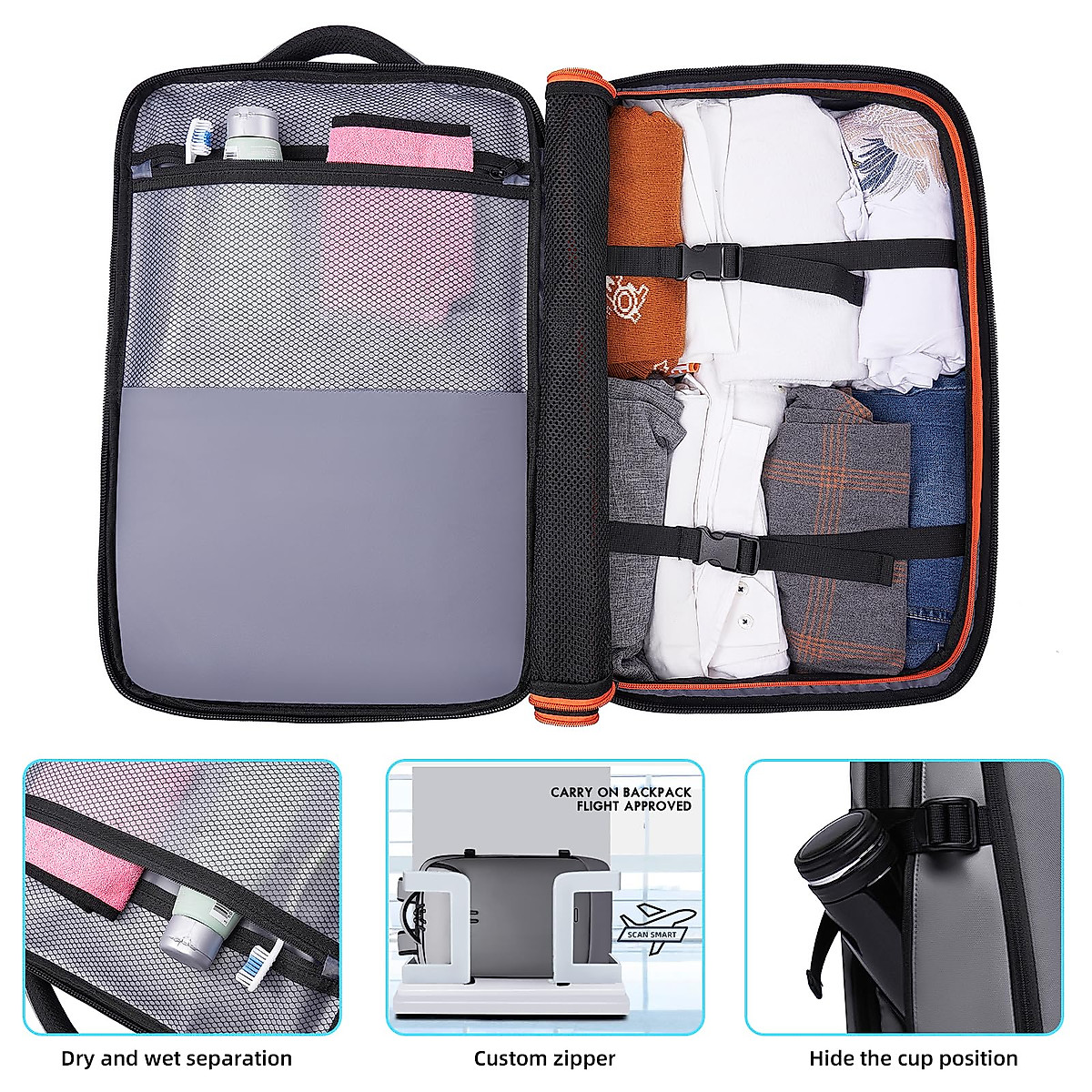 TANGCORLE Carry on Backpack Airline Approved for Men, Travel 50L Expandable backpack Luggage Fits 17.3 Inch Laptop with USB Charging Port(grey)