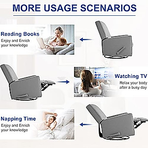 EASELAND Swivel Rocker Recliner Chairs,Large Nursery Glider Chair with Manual Puller,360°Rotation Reclining Glider Chair with Linien Fabric,Modern Lounge Nursery Chair for Living Room,Bedroom (Grey)