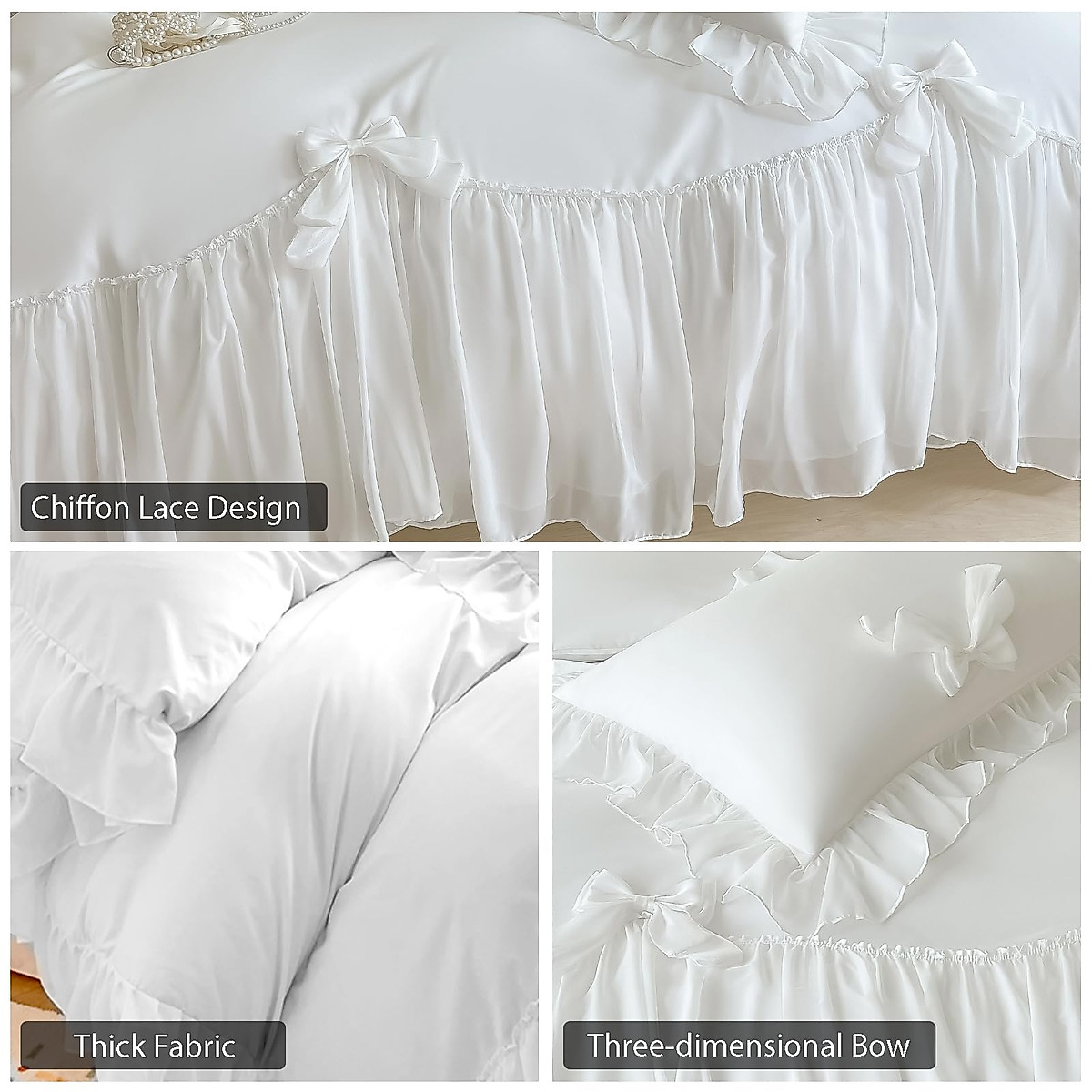 Rvciby White Bow Duvet Cover Queen Size,3PCS Soft Microfiber Bedding Set,Romantic French Bedding with Chiffon Lace and Cute Bows,Corner Ties&Zipper Closure (90"x90"-1 Duvet Cover,2 Pillow Cases)