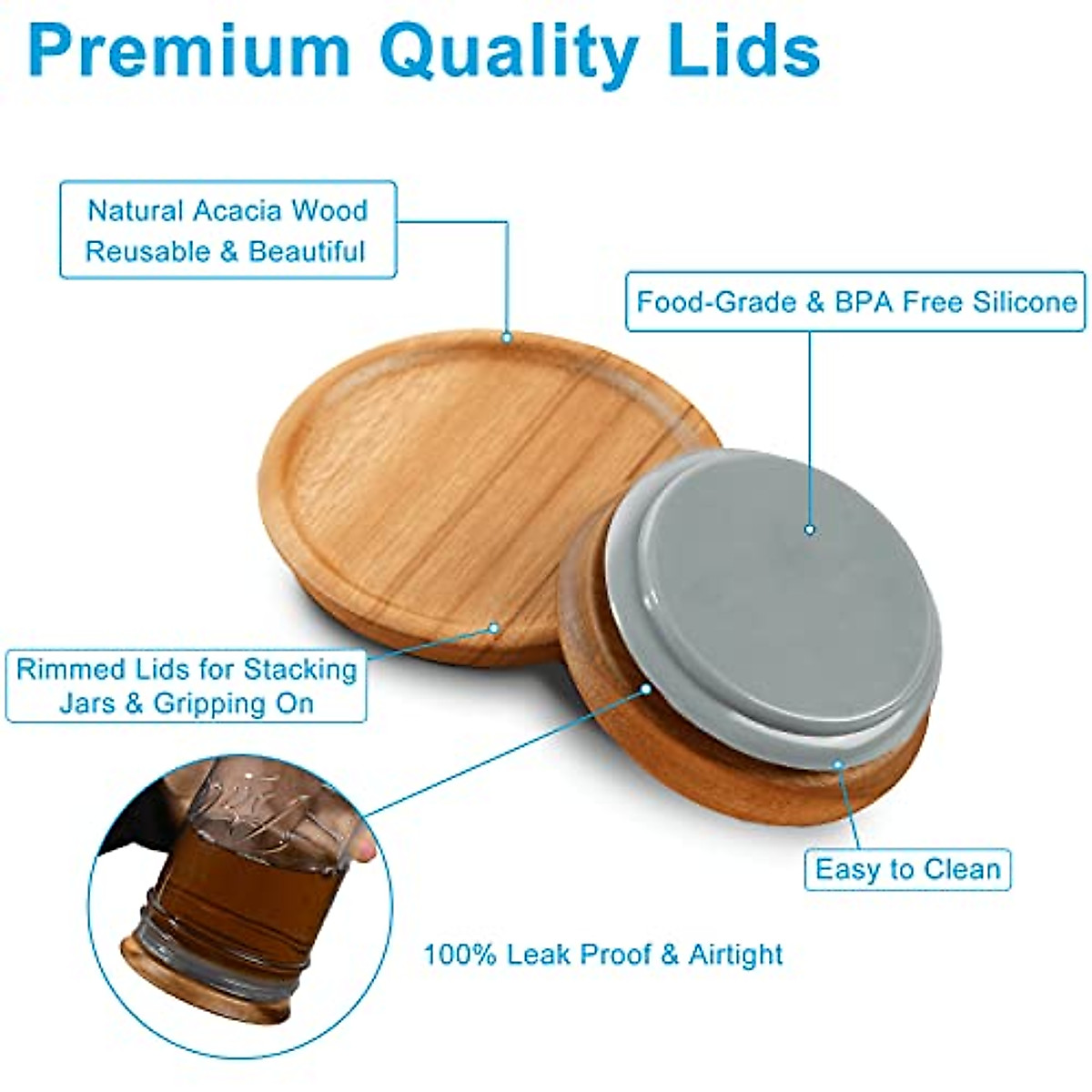 6 Pack Mason Jar Wooden Storage Lids, Reusable Canning Lids, Perfect for Wide Mouth Ball, Kerr, Weck Jars to Stack in Kitchen & Pantry, Food Grade Acacia Wood, BPA-Free, Leak Proof, Airtight