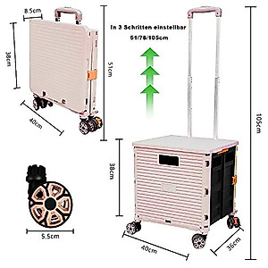 Foldable Utility Cart Folding Portable Rolling Crate Handcart Shopping Trolley Wheel Box with Lid Wear-Resistant Noiseless 360°Rotate Wheel for Travel Shopping Moving Storage Office Use (Pink)
