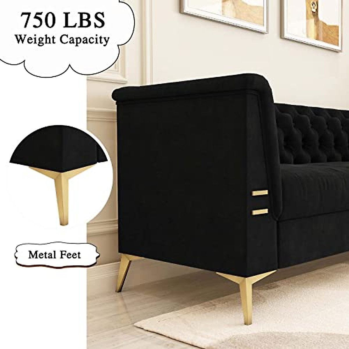 Modern Chesterfield Sofa, 82" Velvet Upholstered 3 Seater Couches with Removable Cushions, Mid-Century Modern Sofa Couch with Solid Wood Frame and Gold Legs for Living Room, Apartment, Office, Black