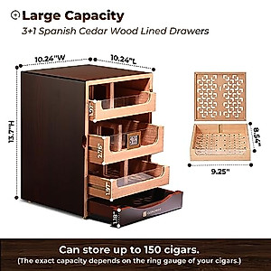 GLENCREAG Cigar Humidor Cabinet for 100 to 150 Cigars with Digital Hygrometer, Spanish Cedar Lining, Tight-Seal Magnetic Door, 3+1 Large Capacity Drawers & 2 Crystal Gel Humidifiers, Gift for Men