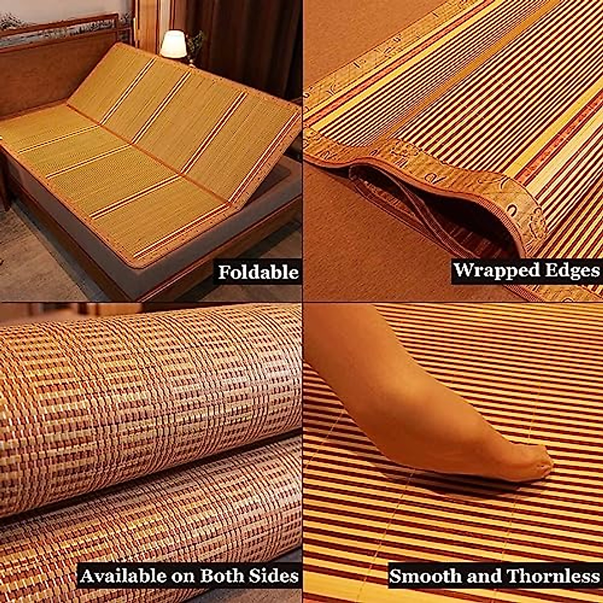 4 Sizes Summer Bamboo Sleeping Mat, Breathable Refreshing Bamboo Summer Bed Mat, Double-Sided Use Bamboo Sleeping Mat Foldable Air Conditioning Mat for Bedroom (Size : L195xW135cm/L77xW53in)