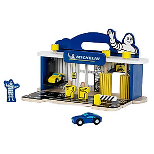 Theo Klein Michelin Car Service Station Kids Wooden Toy Playset with 2 Cars, 2 Fuel Pumps, and Car Wash Station for Ages 3 and Up