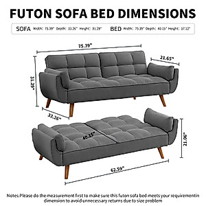 Homies Life Convertible Futon Sofa Bed, Linen Sleeper Couch, 75" W Modern 3 Seater Tufted Sofa with Solid Wood Legs and Adjustable Backrests for Small Spaces, Living Room, Bedroom, Dark Gray