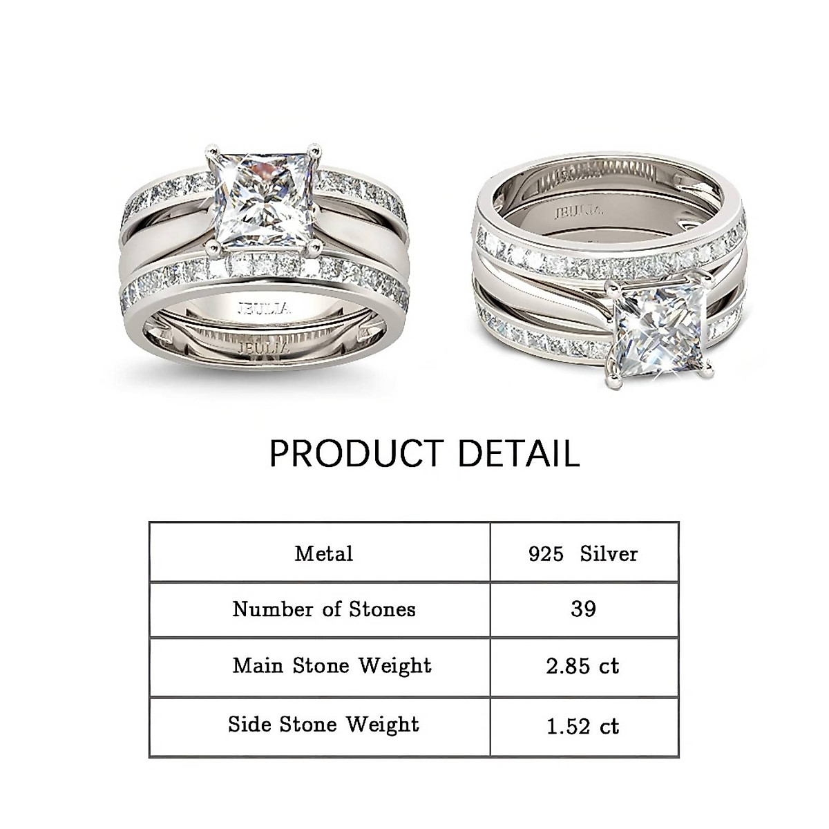 Jeulia 4.37 Carat Pricess Cut Cubic Zirconia Engagement Ring Diamond Wedding Bands for Women CZ Solitaire Sterling Silver Anniversary Bridal Promise Rings Set (7)