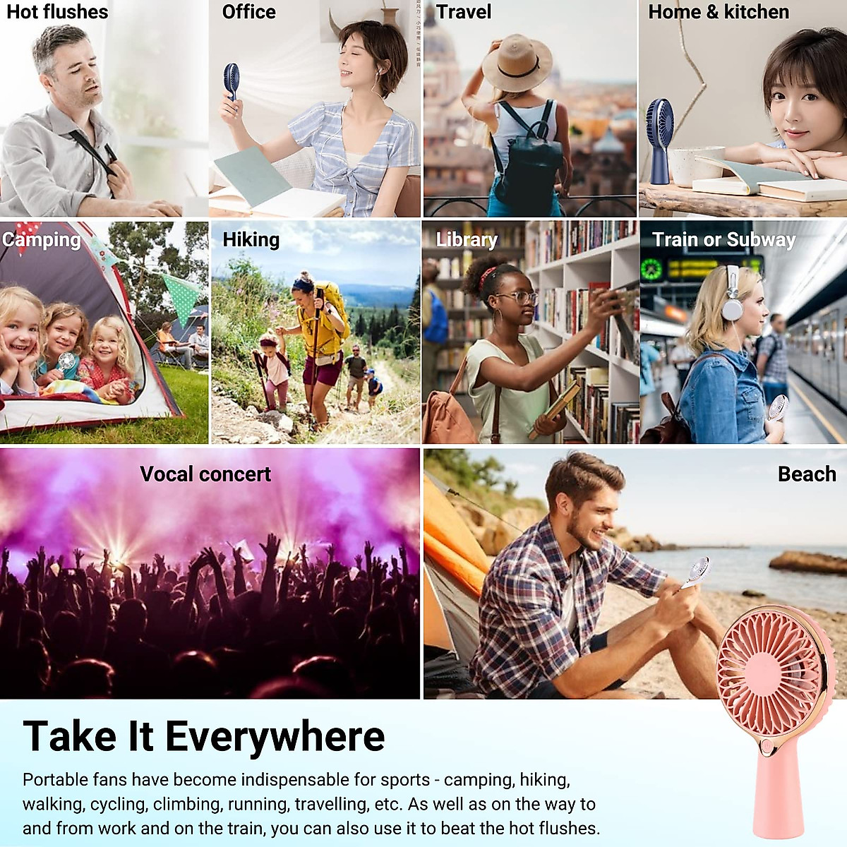 Holiday Mini Handheld Fan, USB Desk Fan Small Personal Portable Hand Fan Table Fan with Rechargeable Battery Operated Cooling Electric Fan 3-6H Working Hours for Travel Office Outdoor