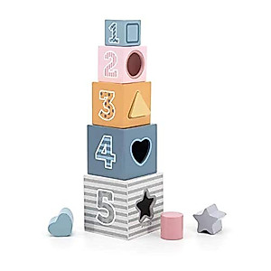 moderngenic Geometric Wooden Boxes | Blocks Stacker, Stacking & Nesting Educational Tower with Shapes, Pictures of Animals and Numbers for Toddlers