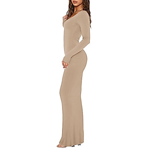 REORIA Women's Sexy Casual Scoop Neck Long Sleeve Lounge Long Dress Elegant Fall Wedding Guest Tight Ribbed Bodycon Maxi Dresses Khaki Large