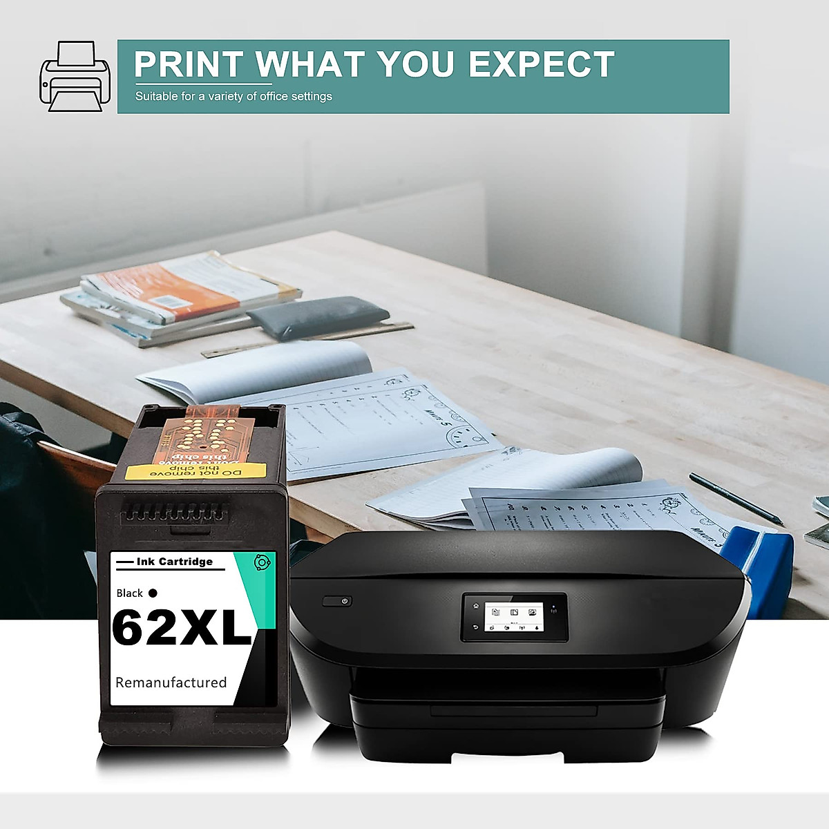 ASHD YECOLS Remanufactured Ink Cartridge Replacement for HP 62 62XL Use with OfficeJet 200 250 OfficeJet 5740 8040 5741 Envy 7640 5660 5540 7645 (Black 1-Pack), YC-62XL-1BK