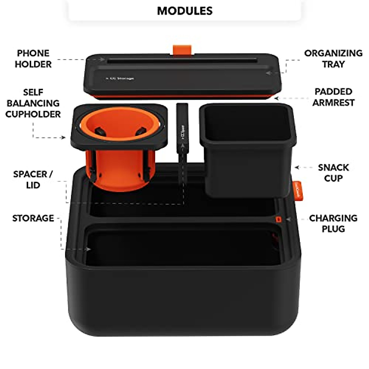 CouchConsole Original Cup Holder Tray - Drinks & Snacks Sofa Caddy with Armrest, Table with Phone Stand- TV Remote Control Storage and Organizer - for Living Rooms, RV, and Cars, Black/Orange