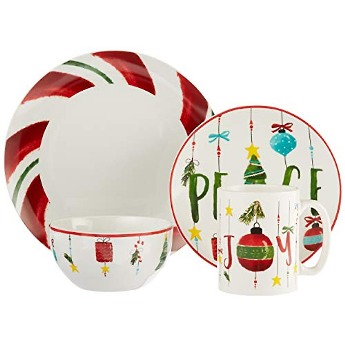 American Atelier Holiday Dinnerware Set – 16-Piece Christmas-Themed Stoneware Dinner Party Collection w/ 4 Dinner Plates, 4 Salad Plates, 4 Bowls & 4 Mugs – Unique Gift Idea for Christmas or Birthday