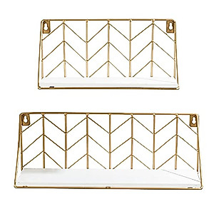 ROSE BLOOM Floating Shelves Wall Mounted Set of 2, Wood Storage Shelf with Metal Wire Basket for Bedroom, Living Room, Bathroom, Kitchen, Office, Arrow Design