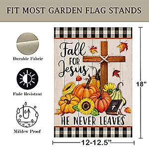 Artofy Fall for Jesus Cross Religious Pumpkin Home Decorative Garden Flag, Autumn Yard Lawn Sunflower Outside Decor, Buffalo Plaid Check Farmhouse Outdoor Small Burlap Decoration Double Sided 12 x 18